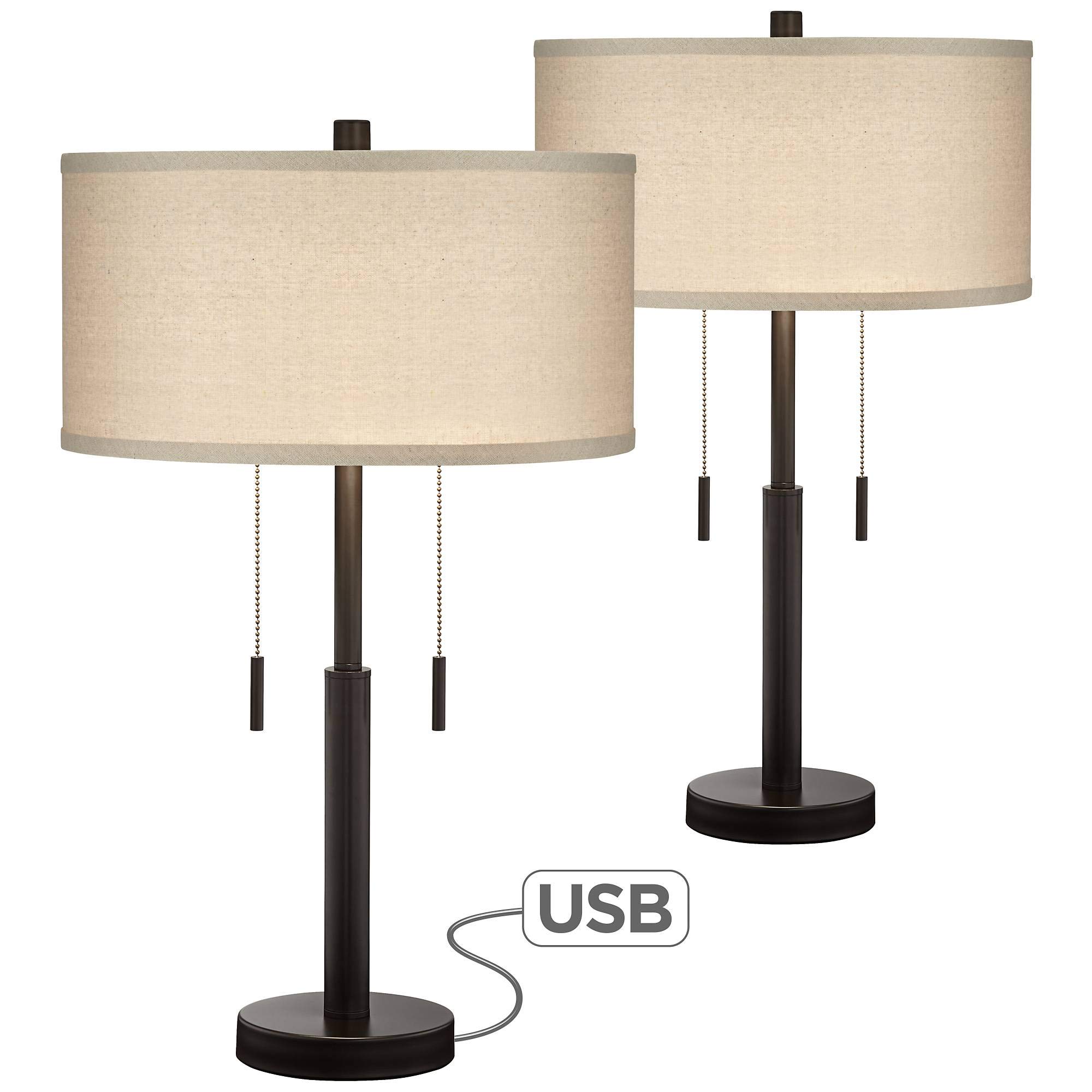 Franklin Iron Works Bernie Industrial Nightstand Table Lamp 25" High Set of 2 with Hotel Style USB Charging Port Rich Bronze Metal Fabric Drum Shade for Living Room Desk Bedroom House Bedside Home