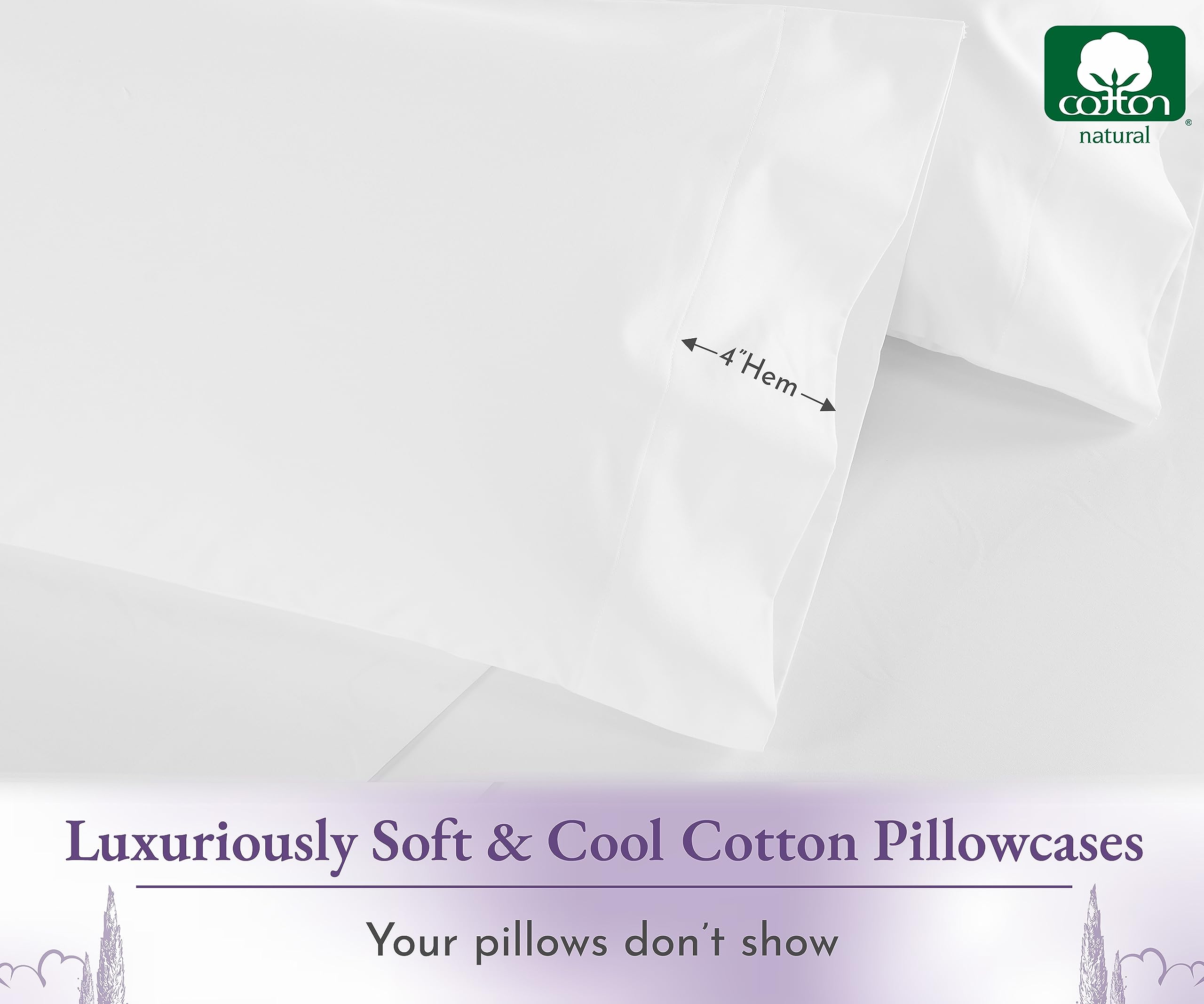 1000 Thread Count, Soft & Smooth, 100% Cotton Sateen Weave, Hotel-Quality, Set of 2 Classic Style Bright White Pillow Cases Standard Size Fits Std & Queen Size Pillows