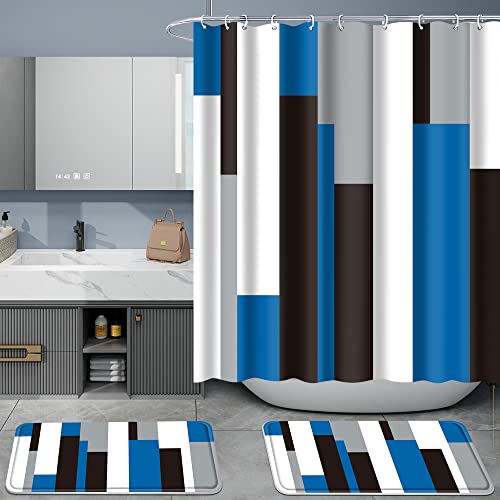 YOKYHOM Bathroom Sets, 3 Pcs Blue Striped Bathroom Shower Curtain Sets with Rugs, Incl 71'' x 71'' Polyester Shower Curtain with 12 Hooks, 2 Pcs 30'' x 18'' Non Slip Bath Mats