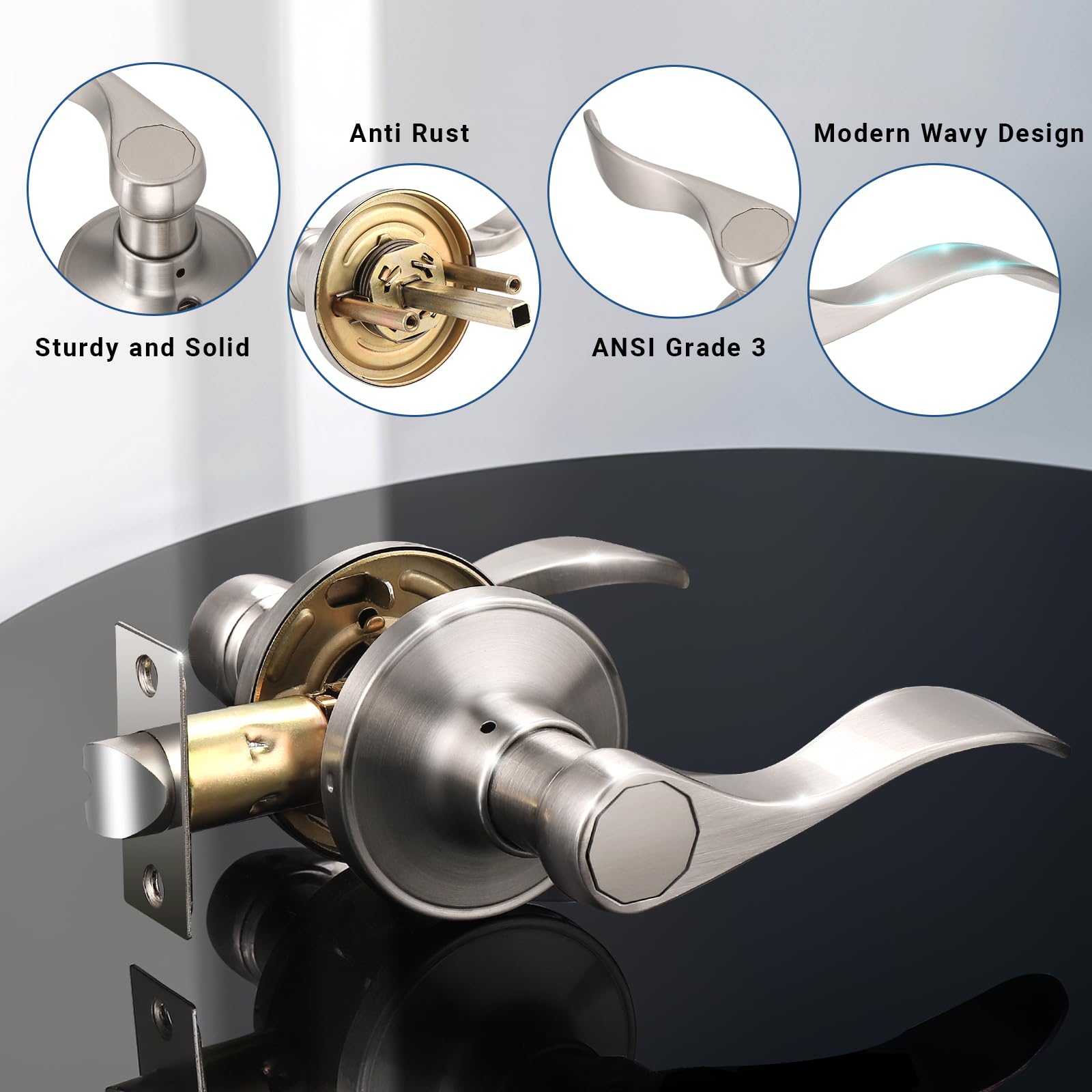 Knobonly 5 Pack Passage Wave Style Handles Hall or Closet Door Levers Brushed Nickel Finish Stainless Steel Handleset