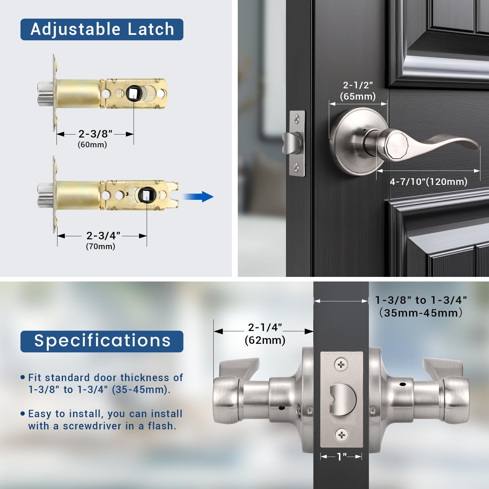 Knobonly 5 Pack Passage Wave Style Handles Hall or Closet Door Levers Brushed Nickel Finish Stainless Steel Handleset
