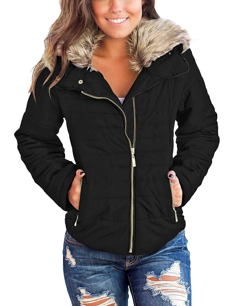 Vetinee Women Casual Faux Fur Lapel Zip Pockets Quilted Parka Jacket Puffer Coat Coatigan for Women Black Medium (Fits US 8-US 10)