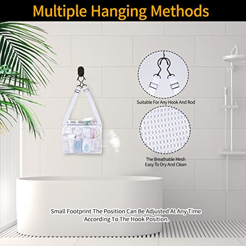 GUMQDD 4 Storage Pockets Adjustable Hanging Mesh Bathroom Bag, Shower Caddy College with Hooks, Applied to College Dorm Rooms, Gym, Swimming and RV Travel (White)