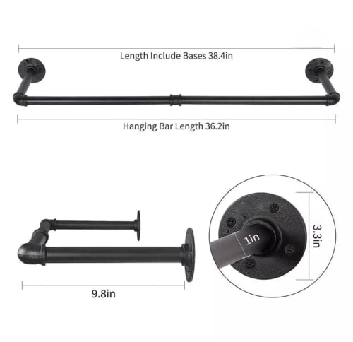 Industrial Pipe Clothing Rack - 38 inch Clothes rack, Wall Mounted Clothes Rack - Closet Rod, Industrial Pipe Style Rolling Garment Rack with Shelf, for Bedroom, Laundry Room