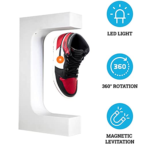 FloatGo Levitating Sneaker Display Magnetic Floating Shoe Stand Magnet Levitation Acrylic Holder Rotation Shelf Spinning Shoe Rack with LED Light Fit Yeezys for Gift Decoration (White)