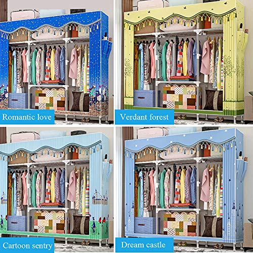 ZZBIQS Extra Large Wardrobe Clothes Storage Closet, Portable Garment Organizer Shelves Rack, Flannel Fabric Cover Standing Closet with Hang Rod and 2 Side Pockets, Beige