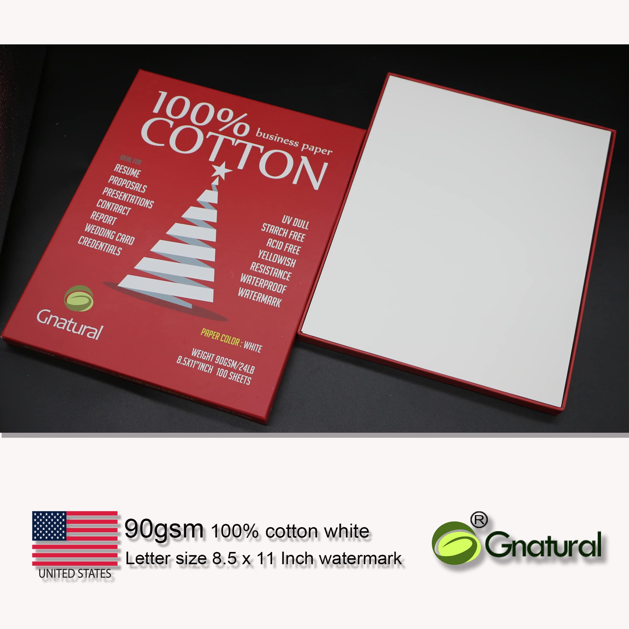 100% Cotton Paper,8.5 x 11 inch Business Paper, 24lb Inkjet Laser Printing Paper, White Color Waterproof Watermark Paper - 100 Sheets Low Starch