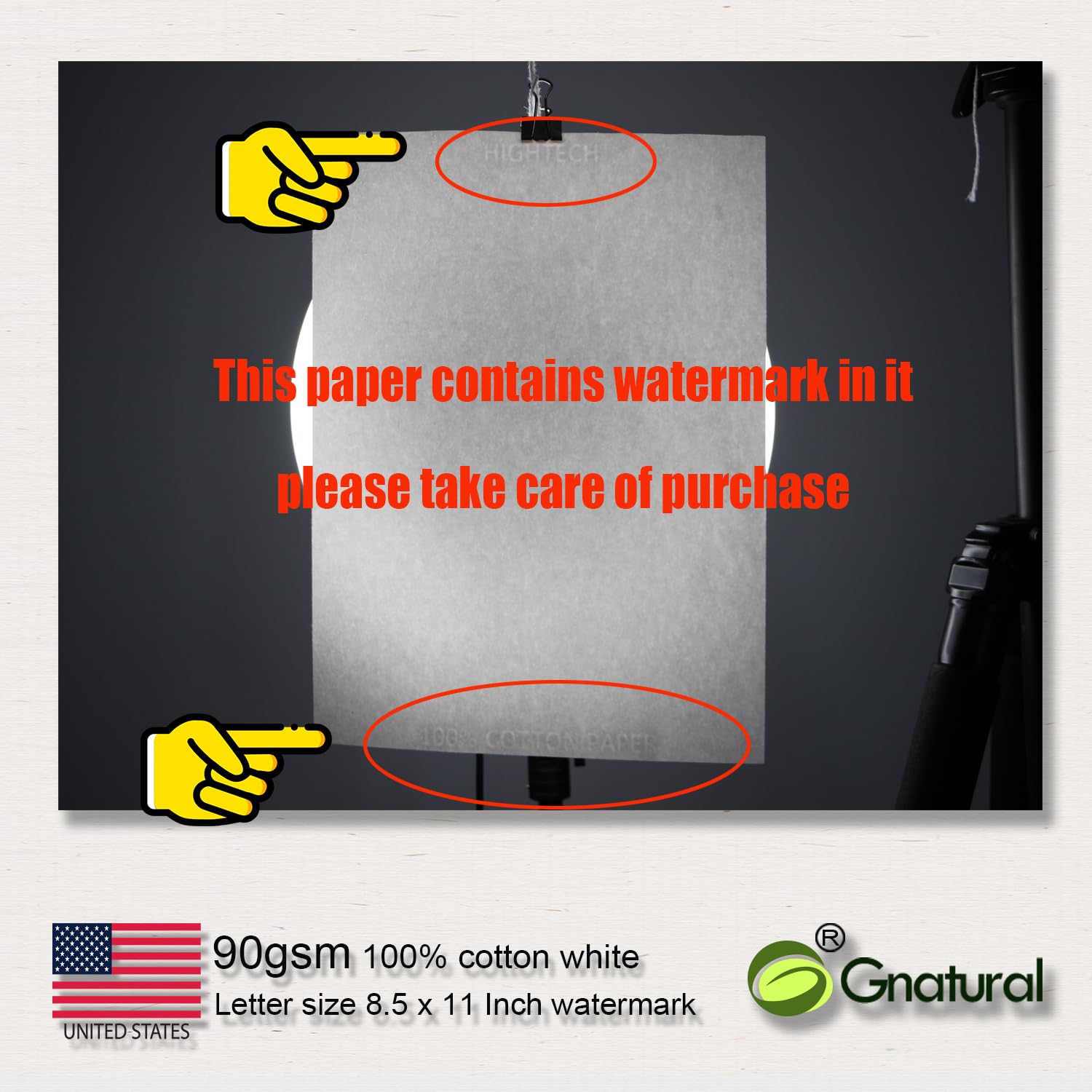 100% Cotton Paper,8.5 x 11 inch Business Paper, 24lb Inkjet Laser Printing Paper, White Color Waterproof Watermark Paper - 100 Sheets Low Starch