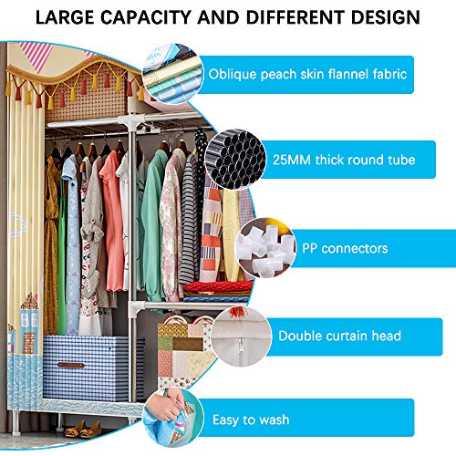 ZZBIQS Extra Large Wardrobe Clothes Storage Closet, Portable Garment Organizer Shelves Rack, Flannel Fabric Cover Standing Closet with Hang Rod and 2 Side Pockets, Beige