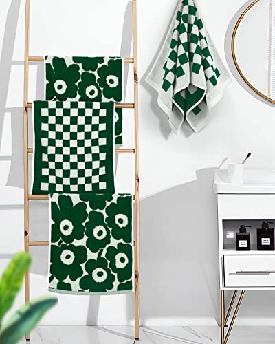 Soft Hand Towels for Bathroom Checkered and Sun Floral - 2 Styles 4 Pack Cotton Hand Towel Set - Dark Green