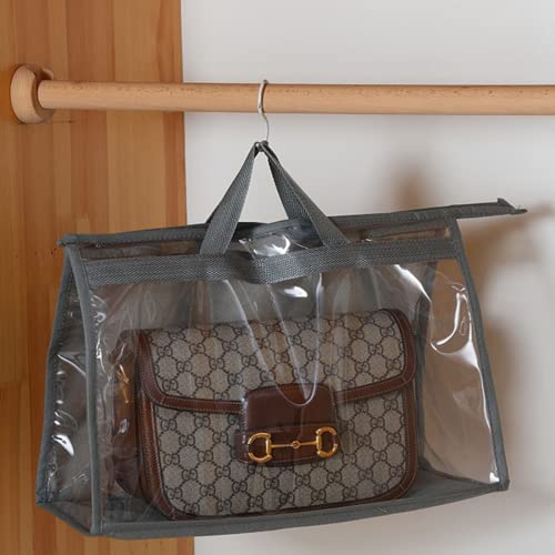 HAN SHENG 4 Pcs Clear Handbag Storage Organizer Bag Collection Storage Holder Dust Cover Bags Transparent Purse Protector Storage Bag with Zipper and Handle for Closet Shelf (Grey)