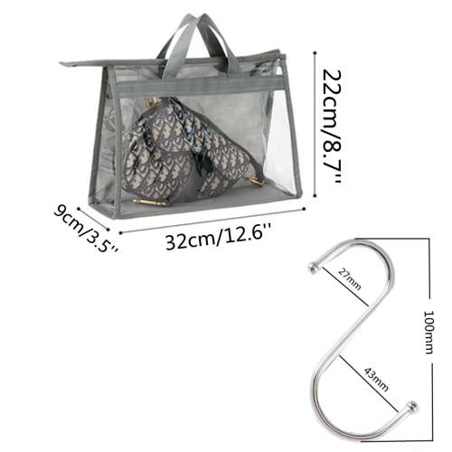 HAN SHENG 4 Pcs Clear Handbag Storage Organizer Bag Collection Storage Holder Dust Cover Bags Transparent Purse Protector Storage Bag with Zipper and Handle for Closet Shelf (Grey)