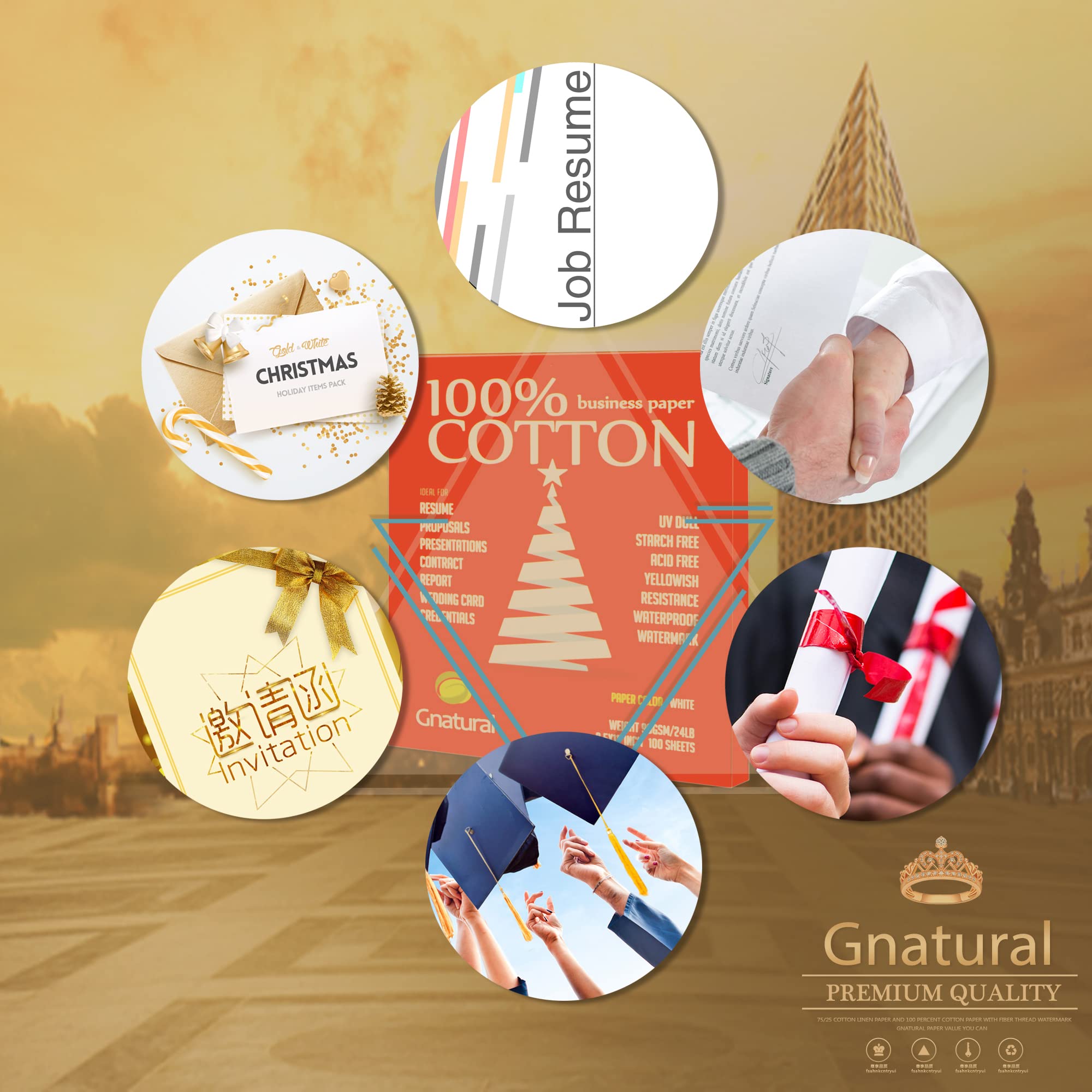 100% Cotton Paper,8.5 x 11 inch Business Paper, 24lb Inkjet Laser Printing Paper, White Color Waterproof Watermark Paper - 100 Sheets Low Starch