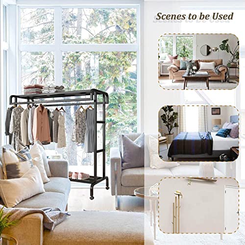 Double Rails Clothes Rack, Industrial Pipe Style Rolling Garment Rack, Heavy Duty Clothes Hanging Rack for Shop Home Office Laundry,Black,120 * 50 * 150cm