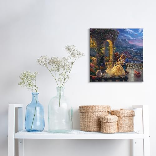 Thomas Kinkade Disney Beauty and the Beast Dancing in the Moonlight Gallery Wrapped Canvas Art | Frameless Wall Art Decor | Certificate of Authenticity Included, 14" x 14"