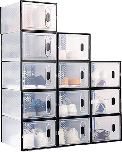 12 Pack Foldable Shoe Storage Boxes, Shoe Boxes Clear Plastic Stackable with Front Magnetic Door, Ventilation and Dust-proof, Shoe Organizer Boxes for Closet, Entryway, Bedroom, Fit for Sneaker/Boots/High heel(13.9 x 9.8 x 7.2) Clear (12Pack)