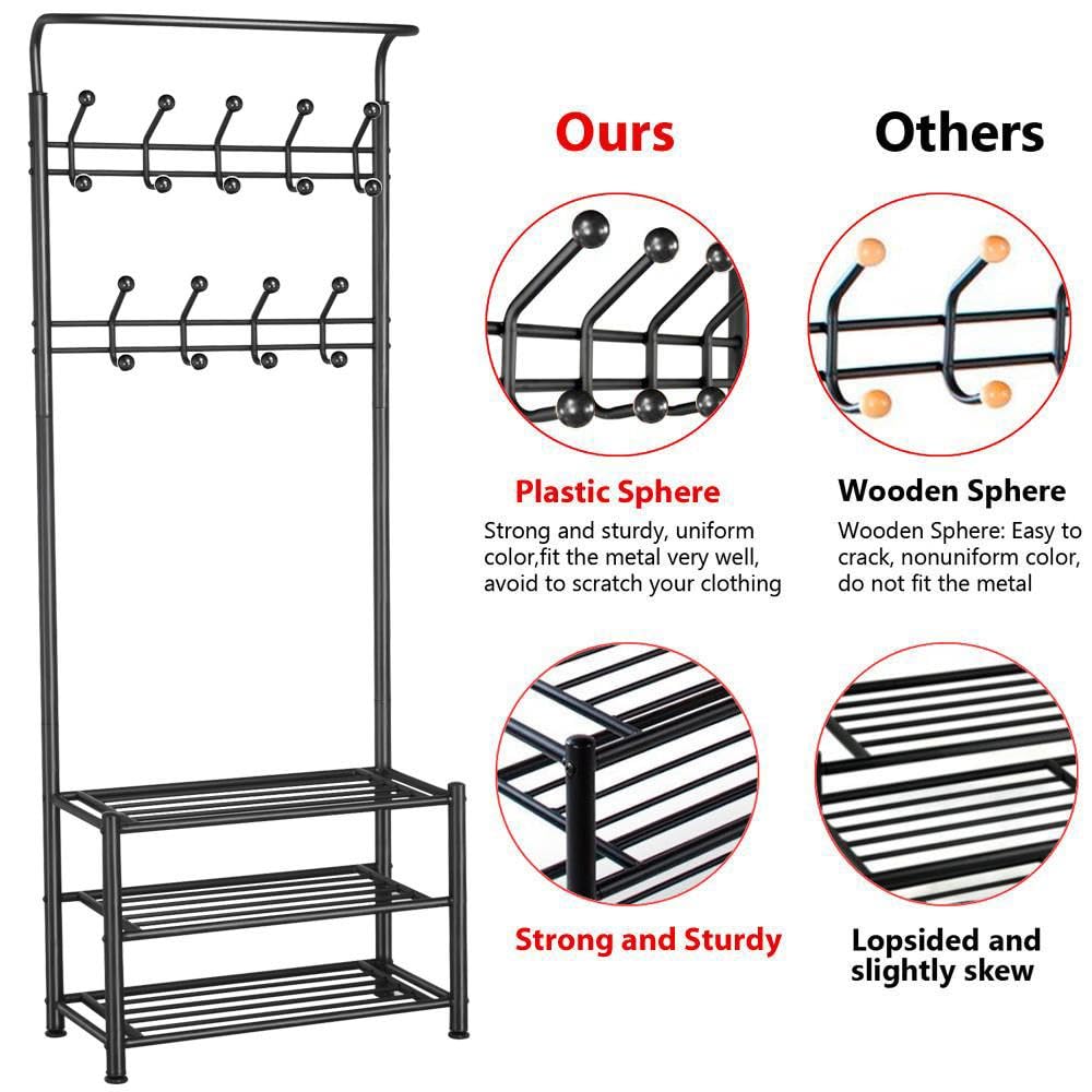Yaheetech Metal Coat Rack Shoe Bench, 3-in-1 Hall Tree, Entryway Shoe Bench with Coat Hat Umbrella Rack 18 Hooks, Black