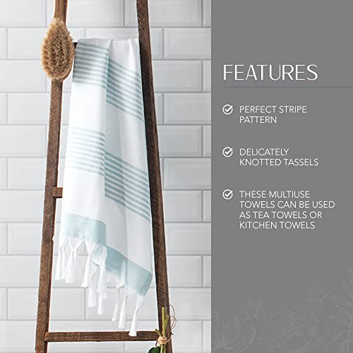 Elrene Home Fashions Boho Harper Stripe Knotted-Tassel Hand Towels, 16 Inches by 30 Inches, Set of 2, Cotton, Spa Blue