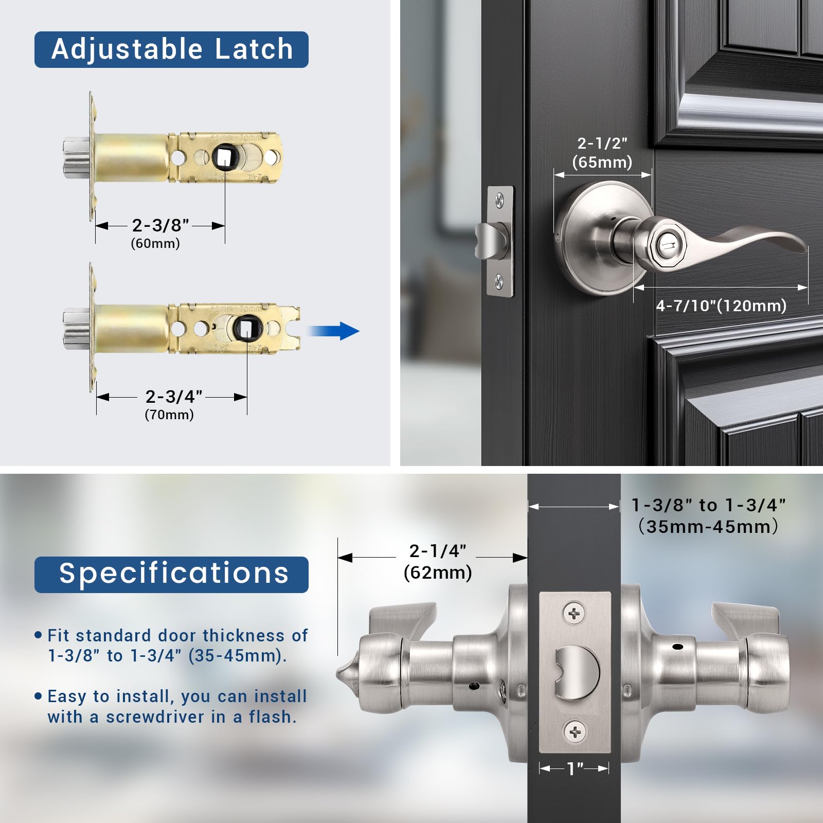 Knobonly 6 Pack Brushed Satin Nickel Door Lever Privacy Door Handles, Zinc Alloy Door Handle Interior, Keyless Lock for Bedroom or Bathroom
