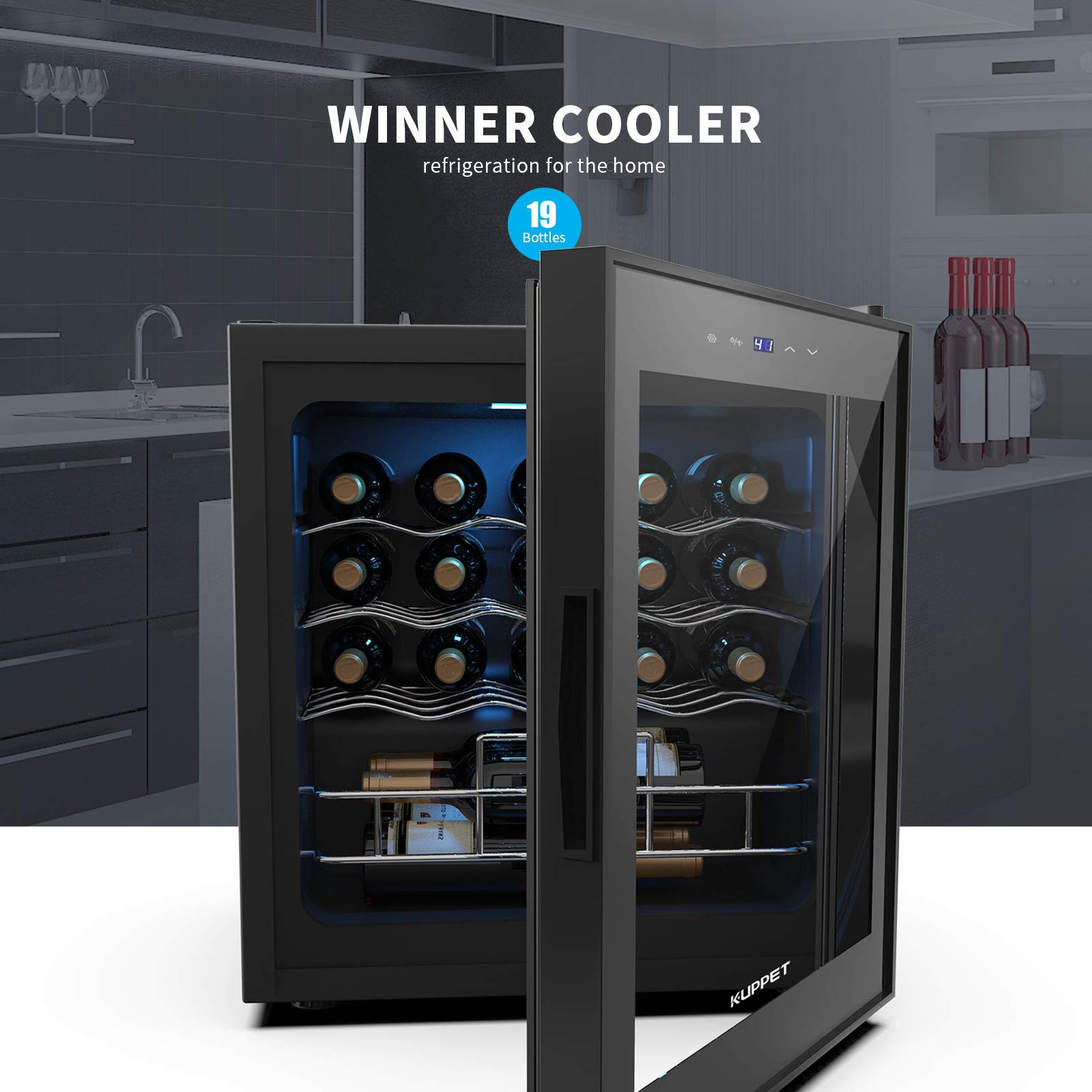 KUPPET 19 Bottles Wine Cooler/Fridge Beverage Refrigerator Small Mini Red & White Wine Cellar Beer Soda.Digital Temperature Display, Double-layer Glass Door, Quiet Operation Compressor