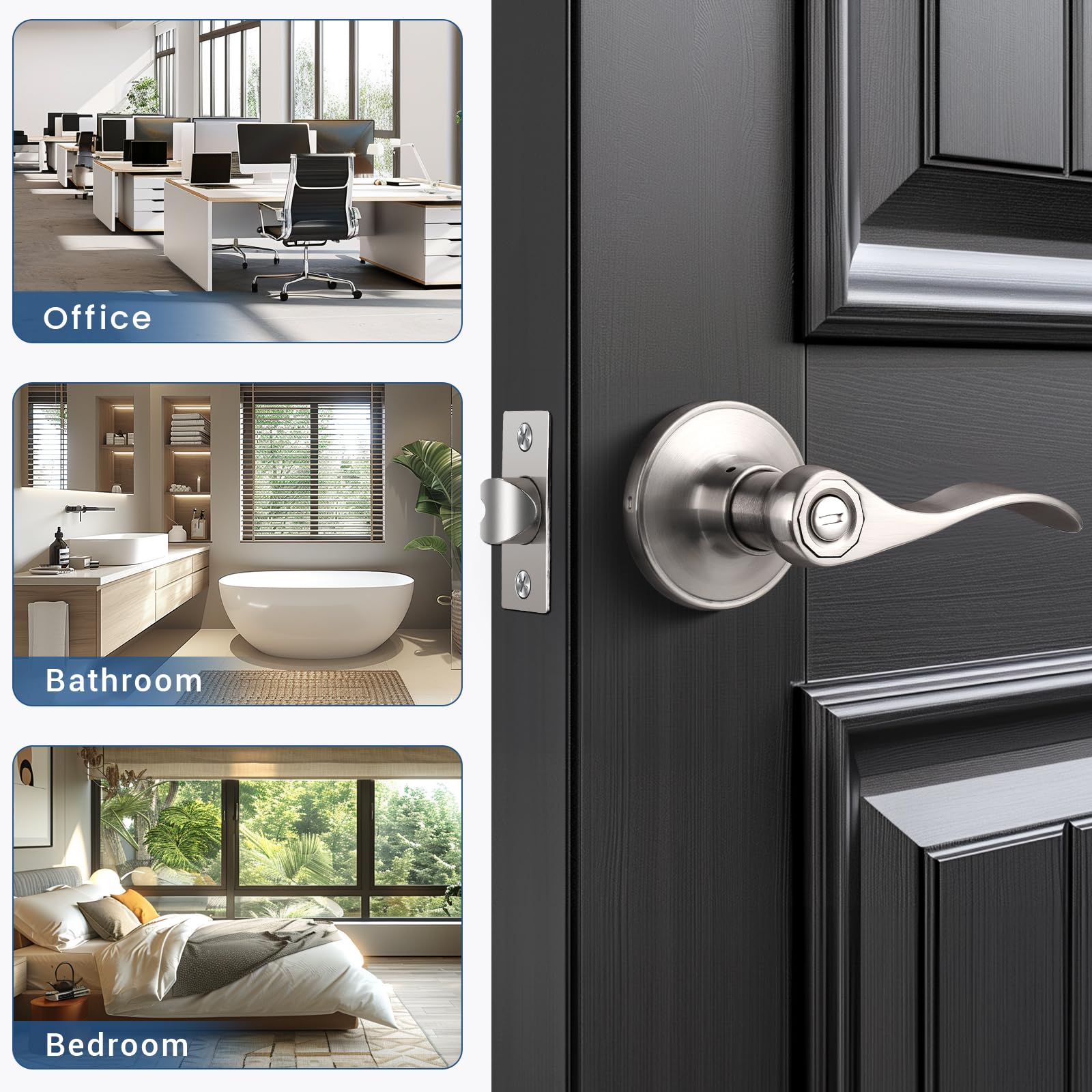 Knobonly 6 Pack Brushed Satin Nickel Door Lever Privacy Door Handles, Zinc Alloy Door Handle Interior, Keyless Lock for Bedroom or Bathroom