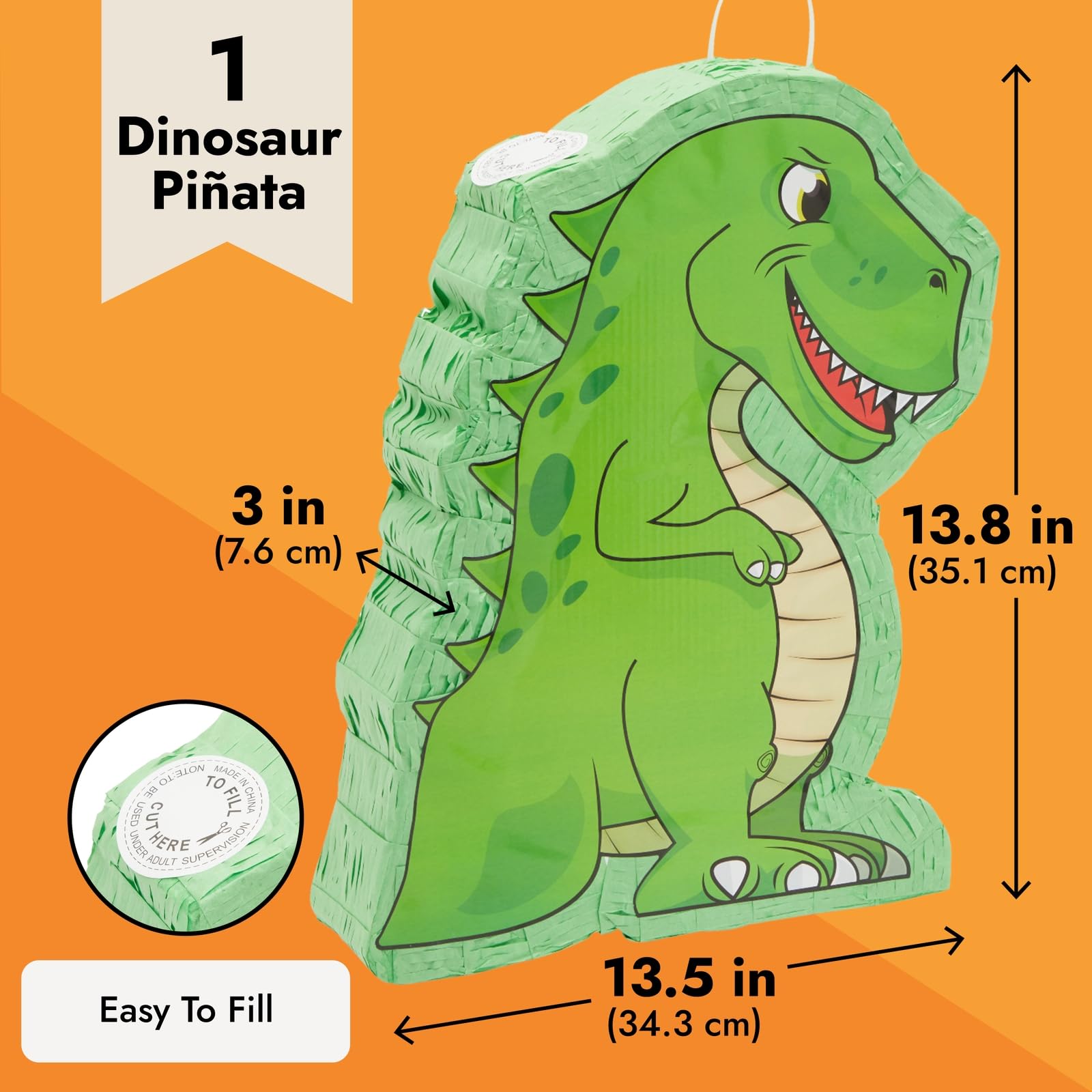 BLUE PANDA Dinosaur Pinata for Boys Birthday Party Supplies, Fun Dino Decorations, Green (Small, 13.8 x 3.0 x 13.5 in)