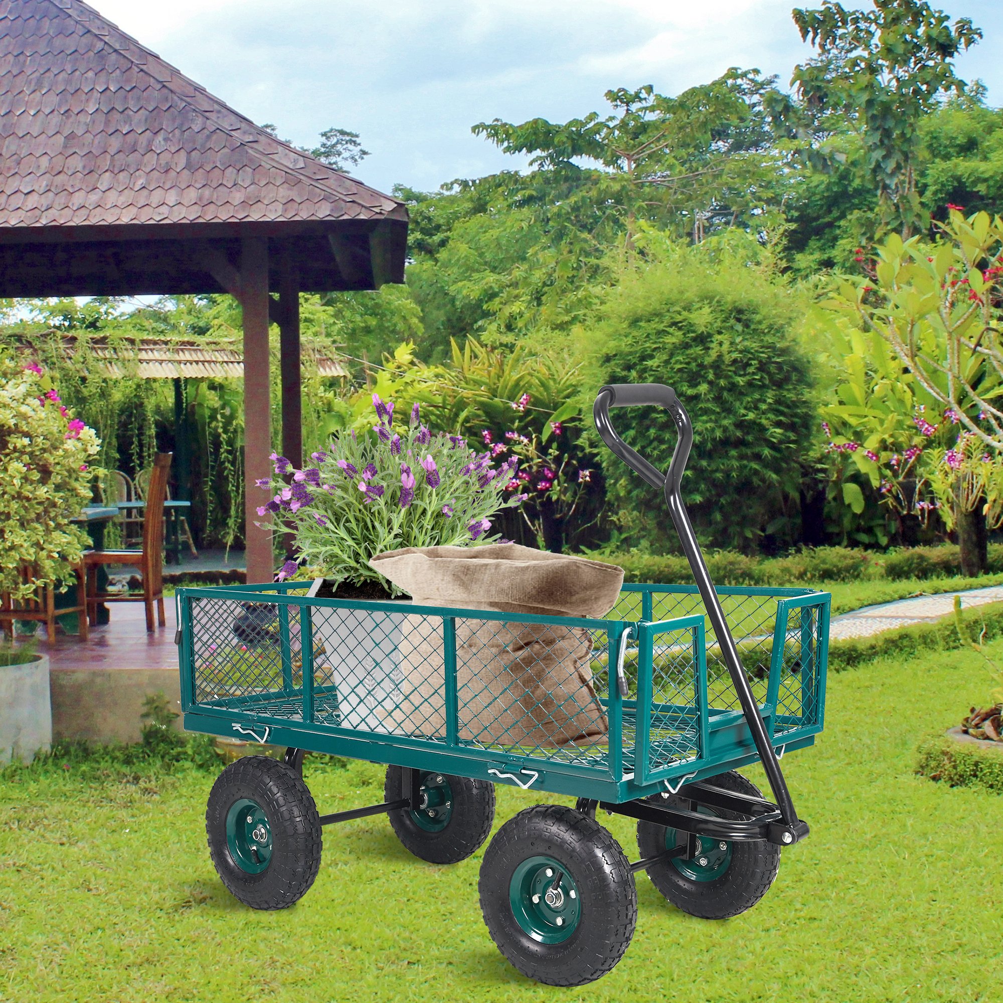 Dporticus Four-Wheel Trailer Large Folding Wagon Side Cart 560lbs Load Capacity, Handling Truck Pull for Outdoor Garden Warehouse Beach