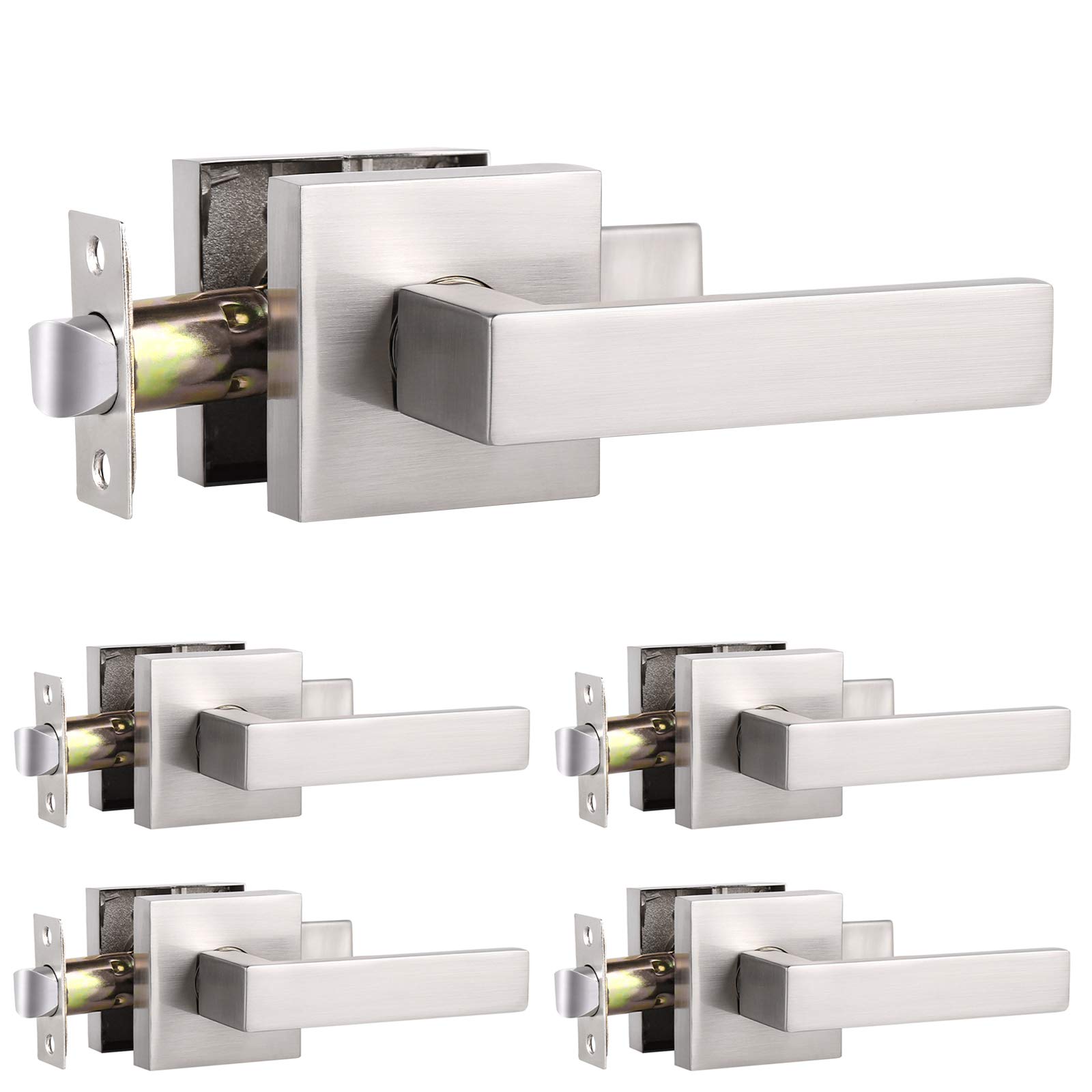 Knobonly 5 Pack Heavy Duty Door Passage Handle Door Lever Hallway Closet Keyless Brushed Nickel Square Door Handleset