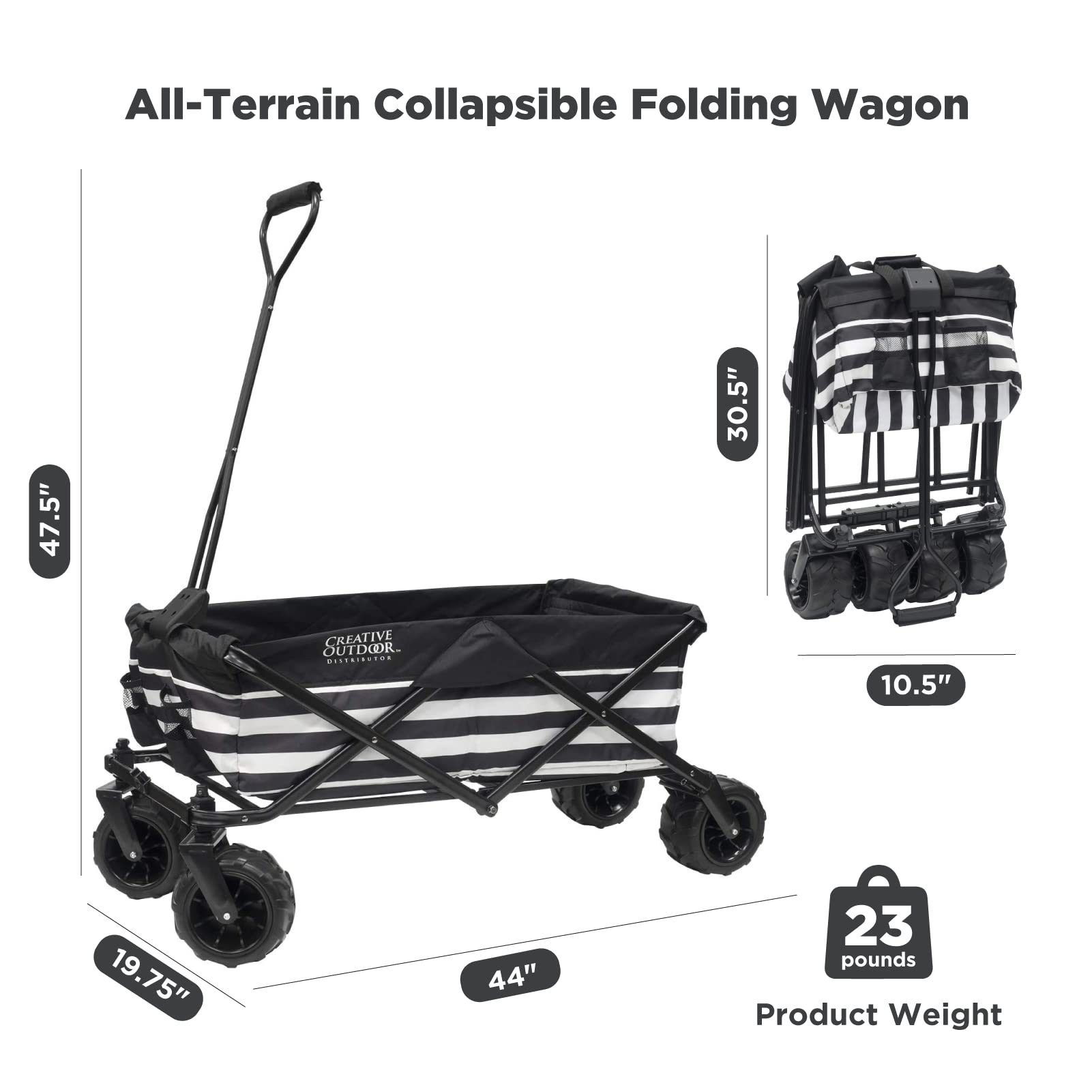 Creative Outdoor Push Pull Stroller Wagon for Kids, 150lbs Weight Capacity, All-Terrain Collapsible Folding Cart with Canopy for Cargo, Beach, Park, Garden, Camping & Tailgate