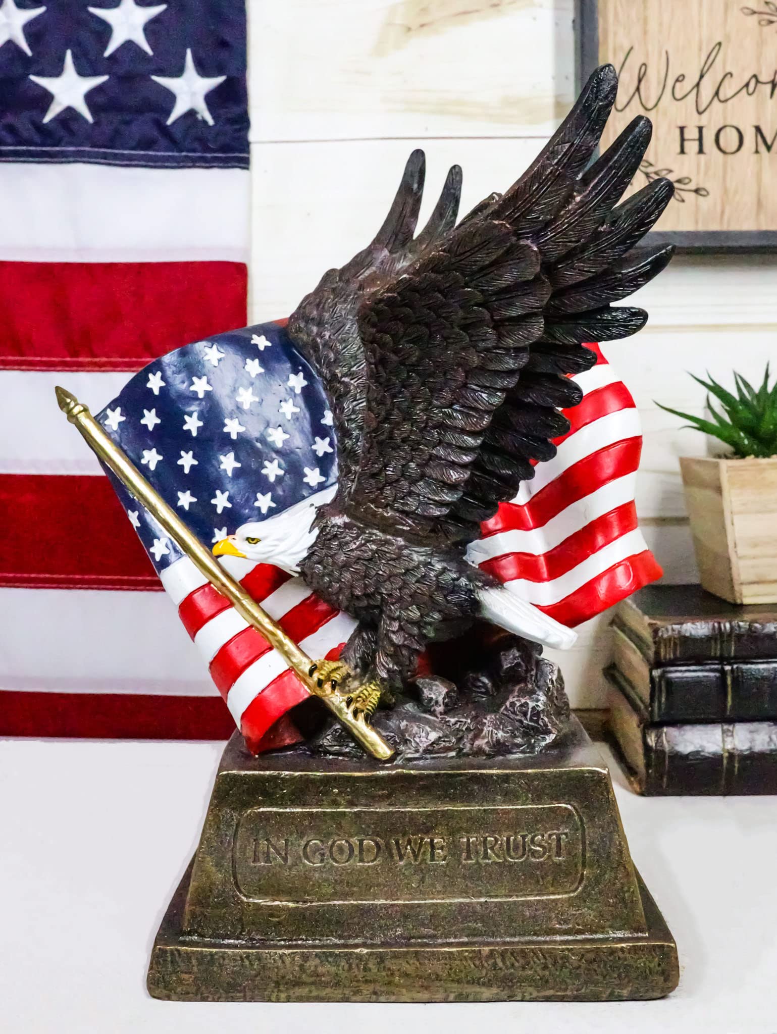 Ebros Patriotic Pride and Honor Bald Eagle Clutching American Flag Statue 10.75" Tall Wildlife Decor Figurine