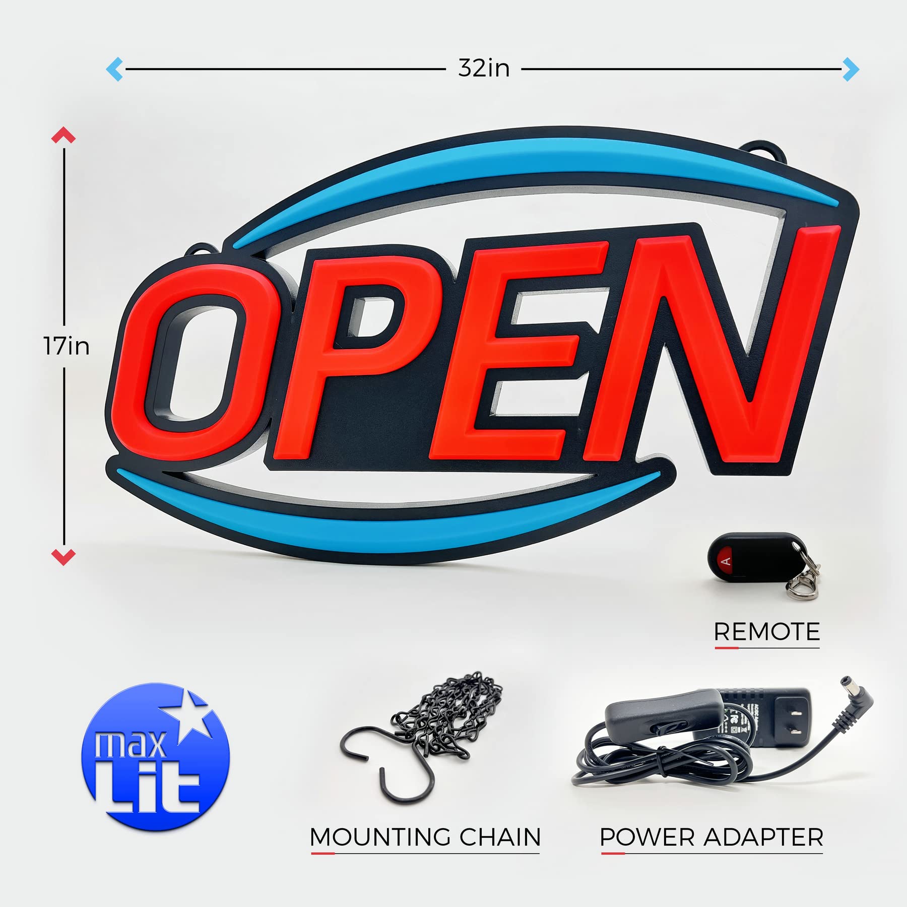 MaxLit 32'' X 17'' New Jumbo ULTRA BRIGHT LED Open Sign — Remote Controlled — Dynamic Light Modes — Enhance Your Business Presence [Red/Blue]