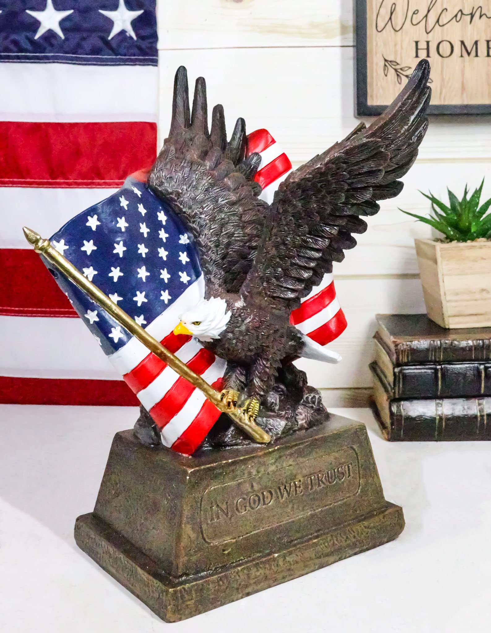 Ebros Patriotic Pride and Honor Bald Eagle Clutching American Flag Statue 10.75" Tall Wildlife Decor Figurine