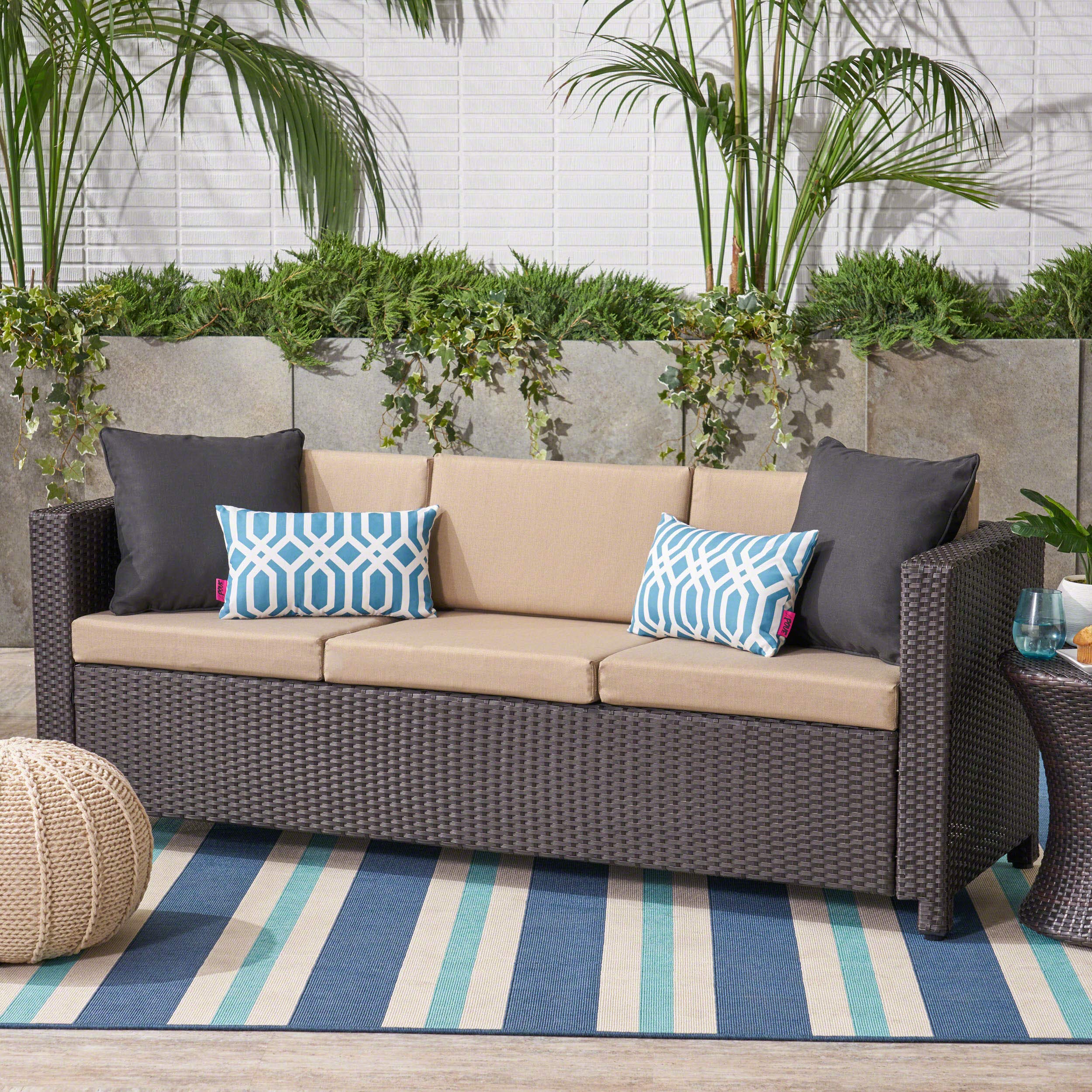 Christopher Knight Home Puerta Outdoor Wicker 3-Seater Sofa, Dark Brown / Beige Cushion