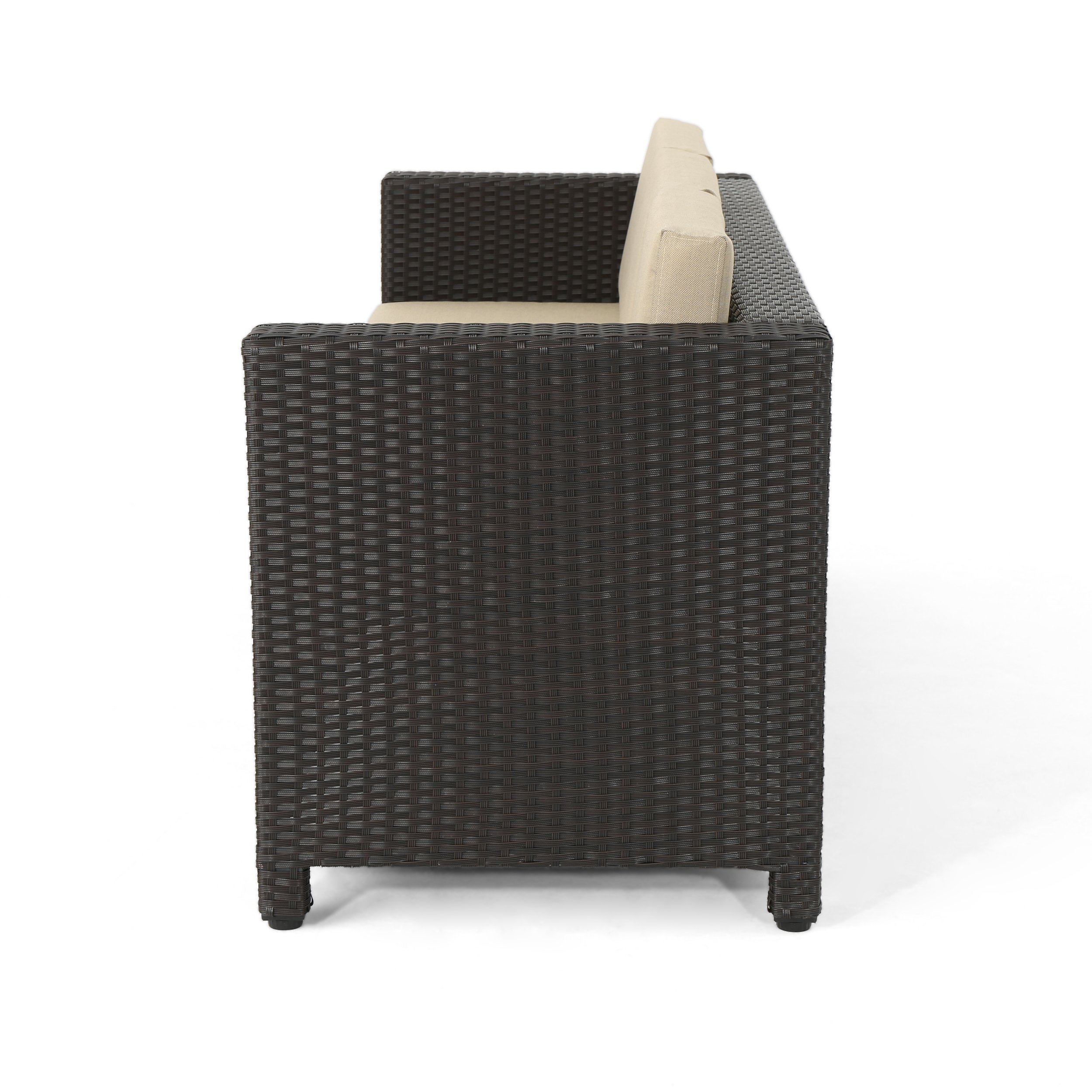 Christopher Knight Home Puerta Outdoor Wicker 3-Seater Sofa, Dark Brown / Beige Cushion