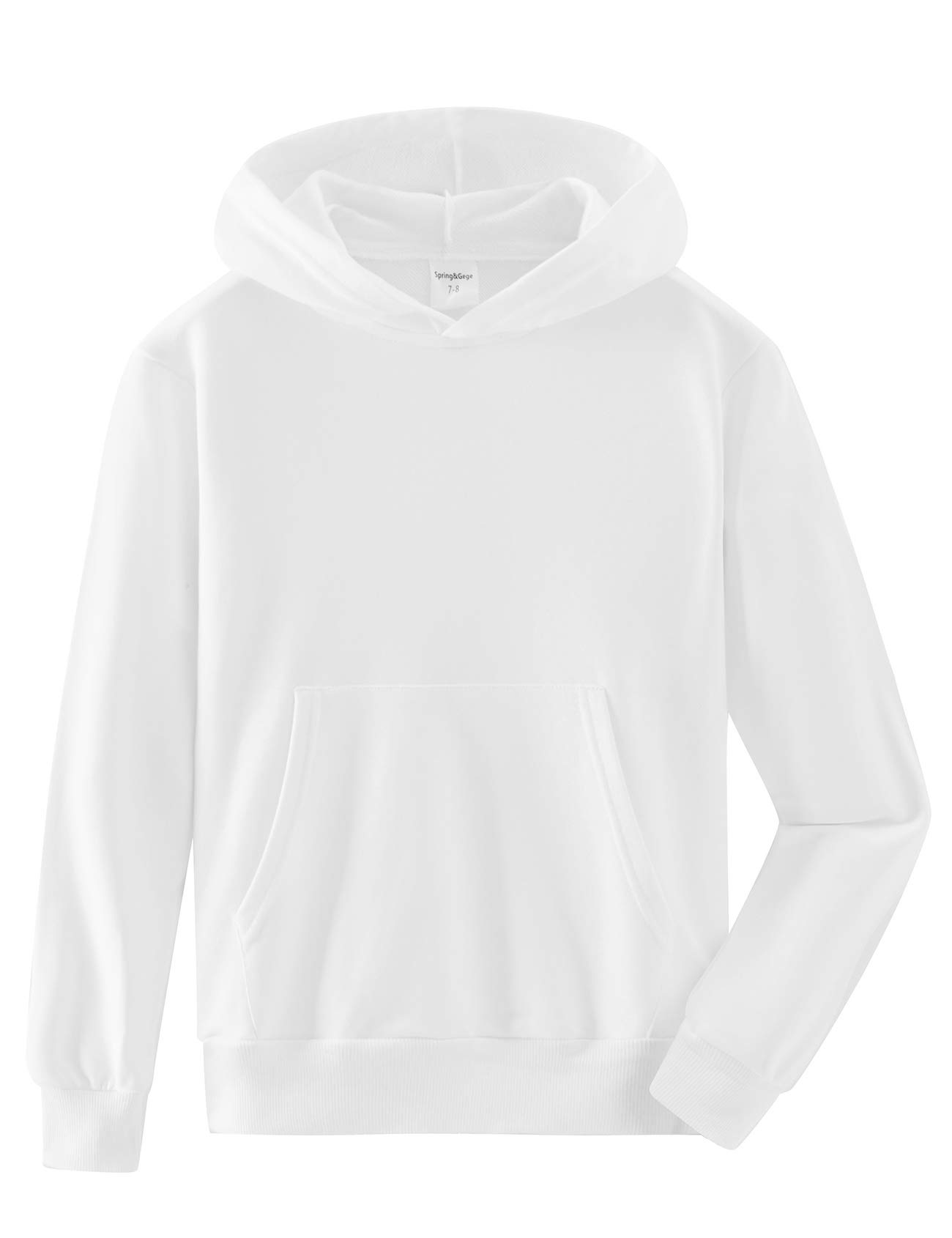 Spring&Gege Youth Solid Pullover Sport Hoodies Soft Kids Hooded Sweatshirts for Boys and Girls Size 9-10 Years White