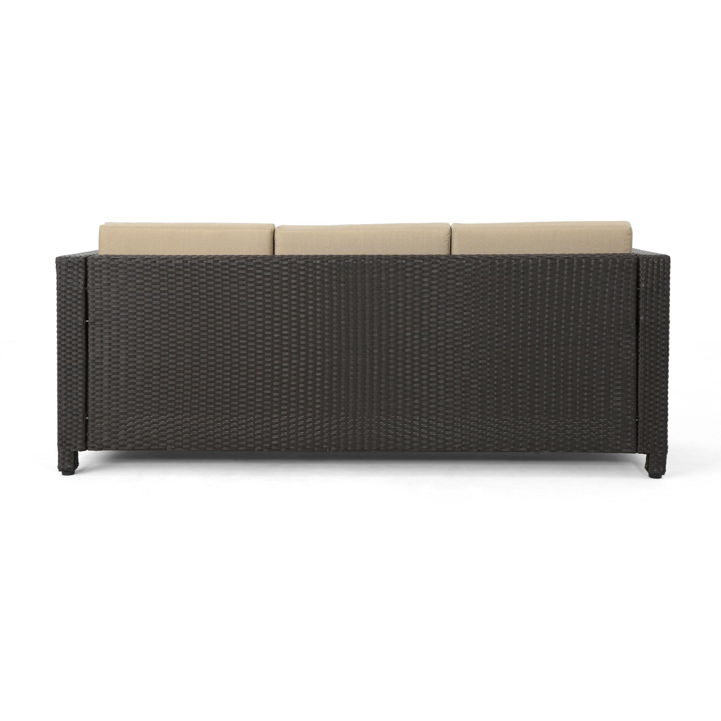 Christopher Knight Home Puerta Outdoor Wicker 3-Seater Sofa, Dark Brown / Beige Cushion