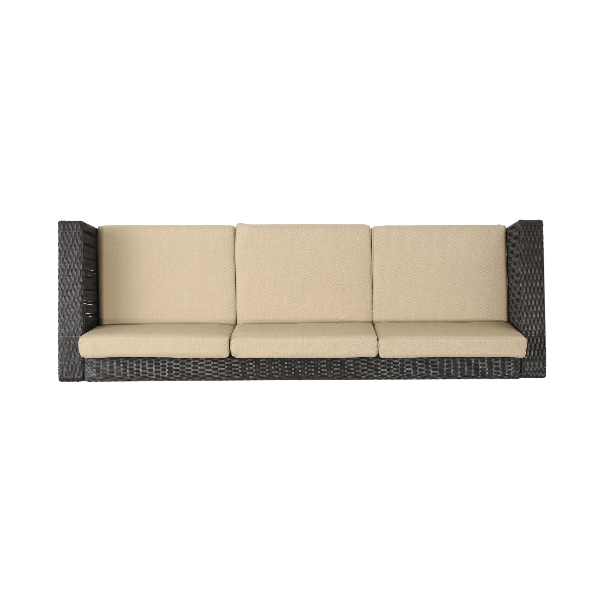 Christopher Knight Home Puerta Outdoor Wicker 3-Seater Sofa, Dark Brown / Beige Cushion