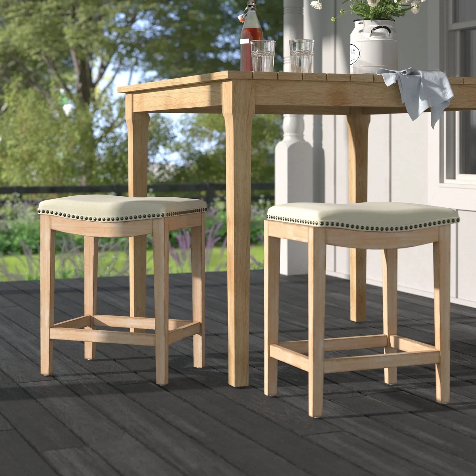 Barton Set of 2 Bar Stools Beige 24" Saddle Backless Premium Padded Indoor/Outdoor Nailhead Cushion Kitchen Counter Chairs Pub Seat Foot Rest
