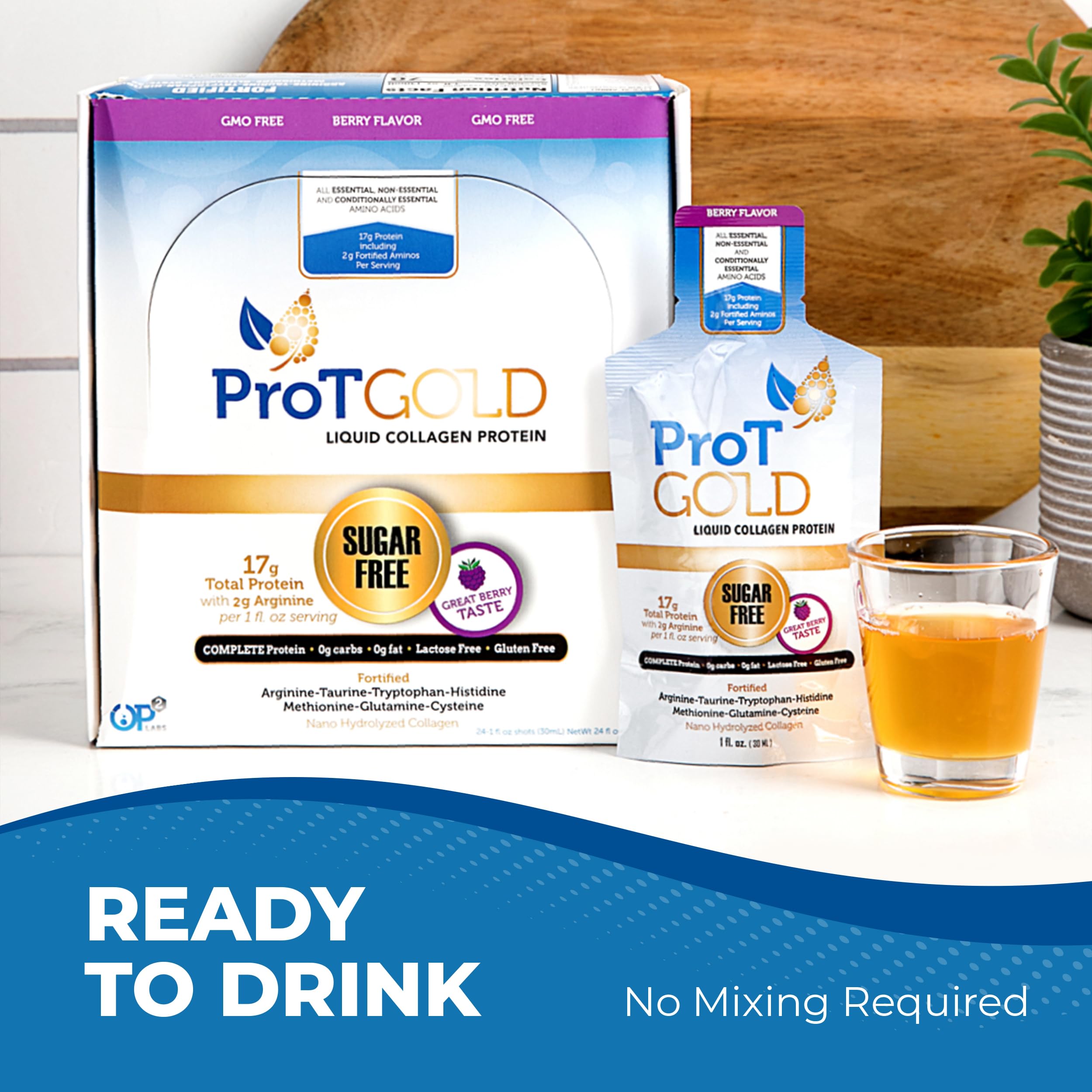 ProT Gold Liquid Collagen Protein Shot, 17g Clear Protein Nano-Hydrolyzed Grass Fed Collagen, 2g Arginine for Wound Support, Gluten Free, Sugar Free, 0g Carbs, Non GMO, Berry, 1 fl oz, 24 Pack