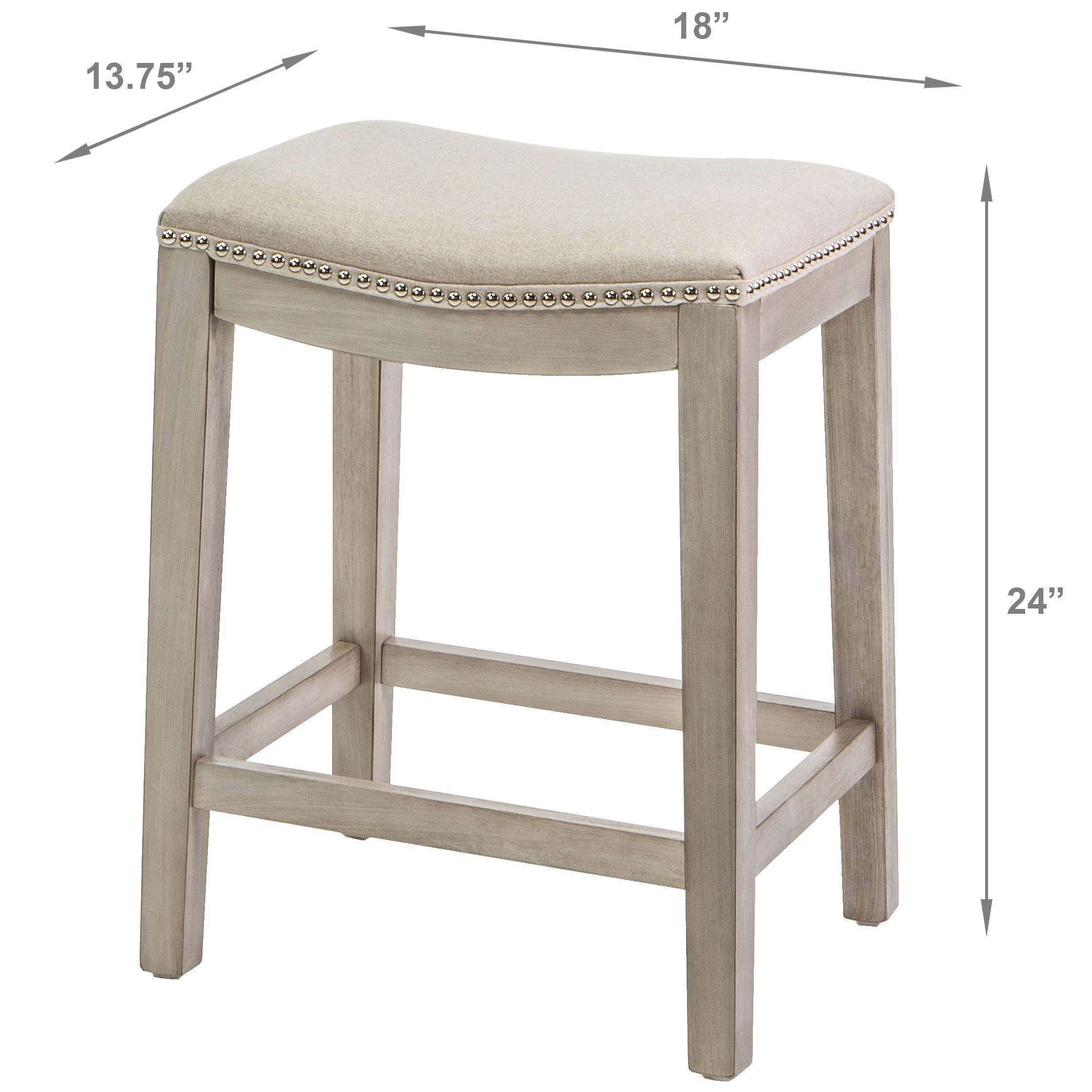 Barton Set of 2 Bar Stools Beige 24" Saddle Backless Premium Padded Indoor/Outdoor Nailhead Cushion Kitchen Counter Chairs Pub Seat Foot Rest