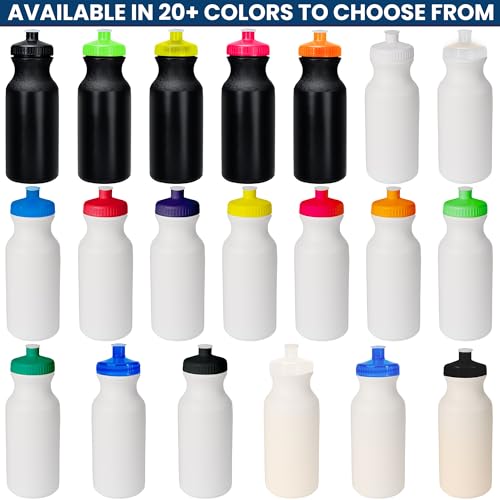 CSBD 20 oz. Bulk Water Bottles, Made in USA, Blank Plastic Reusable Water Bottles for Gym, Cycling, BPA Free, Plastic Water Bottles Pull Top Cap for Sports, White Bottle/Black Lid - 10 Pack
