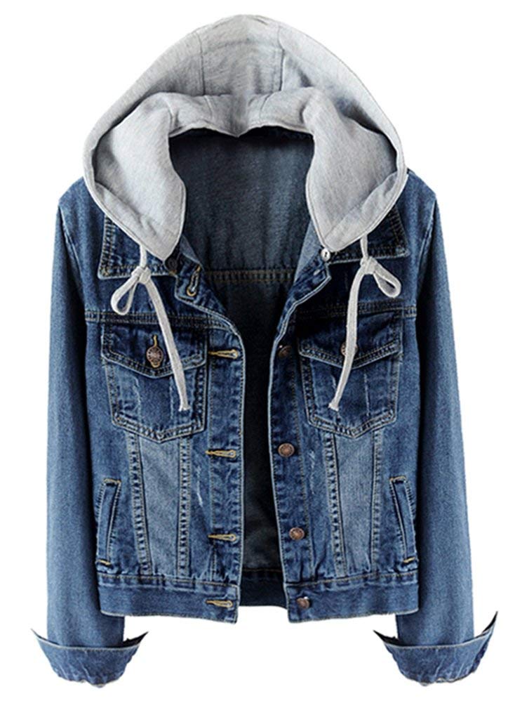 LifeShe Women's Casual Detachable Hoodie Denim Jacket