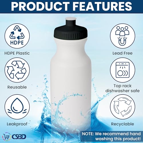 CSBD 20 oz. Bulk Water Bottles, Made in USA, Blank Plastic Reusable Water Bottles for Gym, Cycling, BPA Free, Plastic Water Bottles Pull Top Cap for Sports, White Bottle/Black Lid - 10 Pack