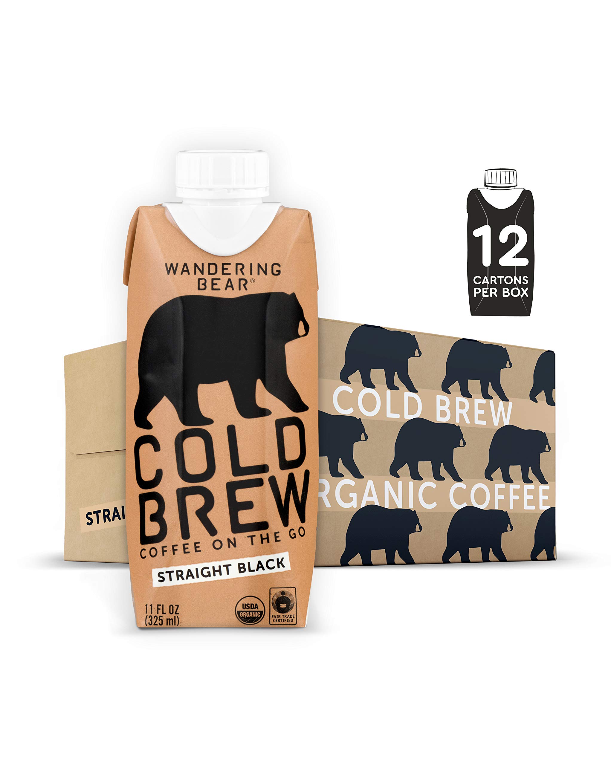 Wandering Bear Straight Black Organic Cold Brew Coffee On-the-Go, Iced Coffee, 11 fl oz, 12 pack - Extra Strong, Smooth, Unsweetened, Shelf-Stable, Ready to Drink