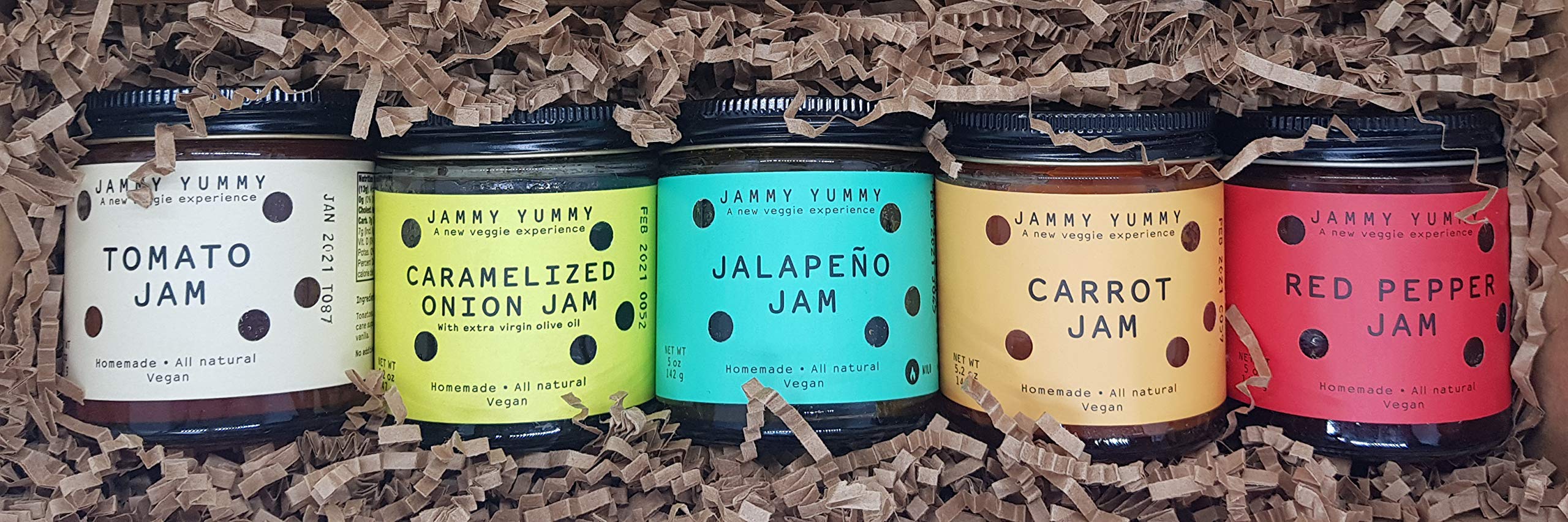 Gift Box 5 All Natural Veggie Jams Variety Box - JAMMY YUMMY All Natural Jams: Caramelized Onion Jam 5.2 oz, Tomato Jam 5 oz, Red Pepper Jam 5 oz, Jalapeño Jam 5 oz and Carrot Jam 5.2 oz - For Capresse Salad, Sandwich Spread, Pizza, Pasta, Cheese Board, A