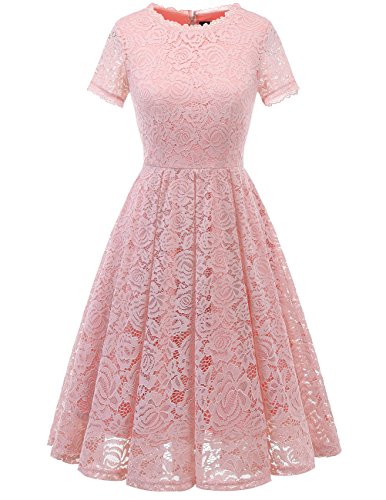 DRESSTELLS Elegant Wedding Guest Dress, Tea Length Mother of The Bride Dresses, Lace Bridesmaid Dress, Semi Formal Cocktail Dresses, Vintage Evening Party Formal Dress with Sleeves Blush XL