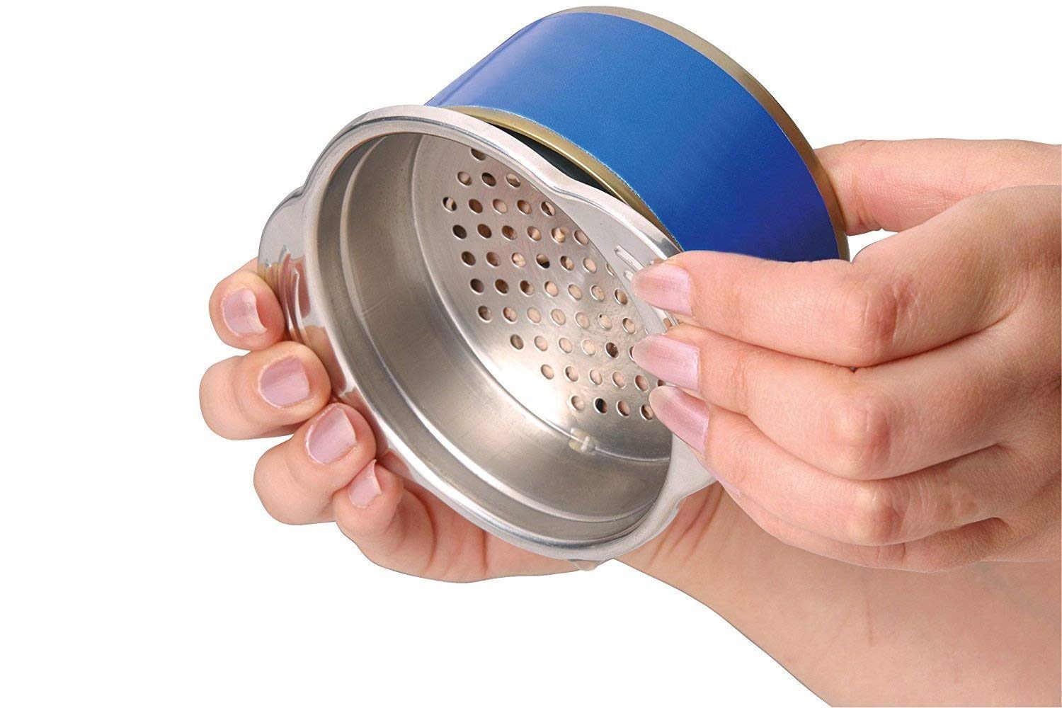 Stainless Steel Food Can Strainer Sieve Tuna Press Lid Oil Drainer Remover, Unique No-Mess Dishwasher Safe Design