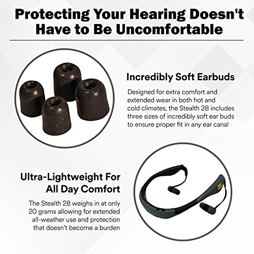 Pro Ears Stealth 28 Ear Buds, Electronic Noise Amplification, 28 dB Hearing Protection, Behind The Head, Hunting & Shooting, Electronic Sound Dampener & Compression Technology, Rechargeable, Green