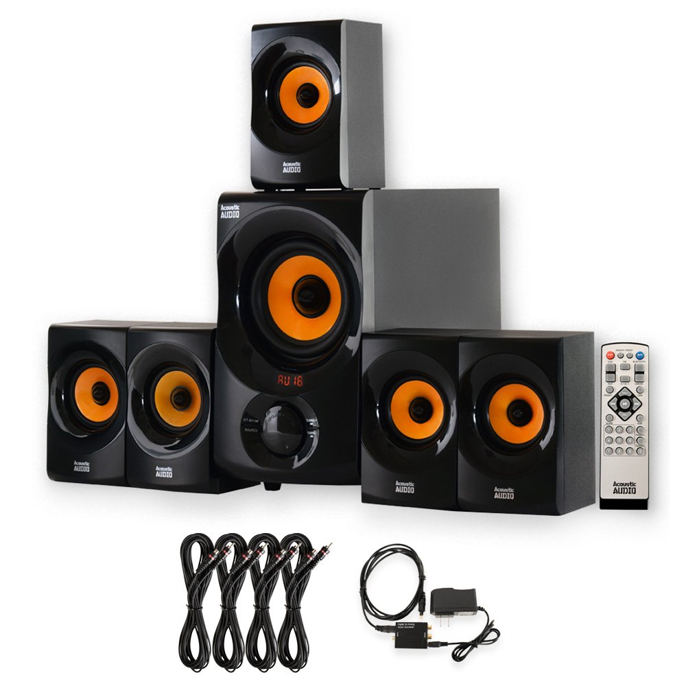 Acoustic Audio by Goldwood AA5170 Home 5.1 Bluetooth Speaker System with Optical Input and 4 Extension Cables, Black