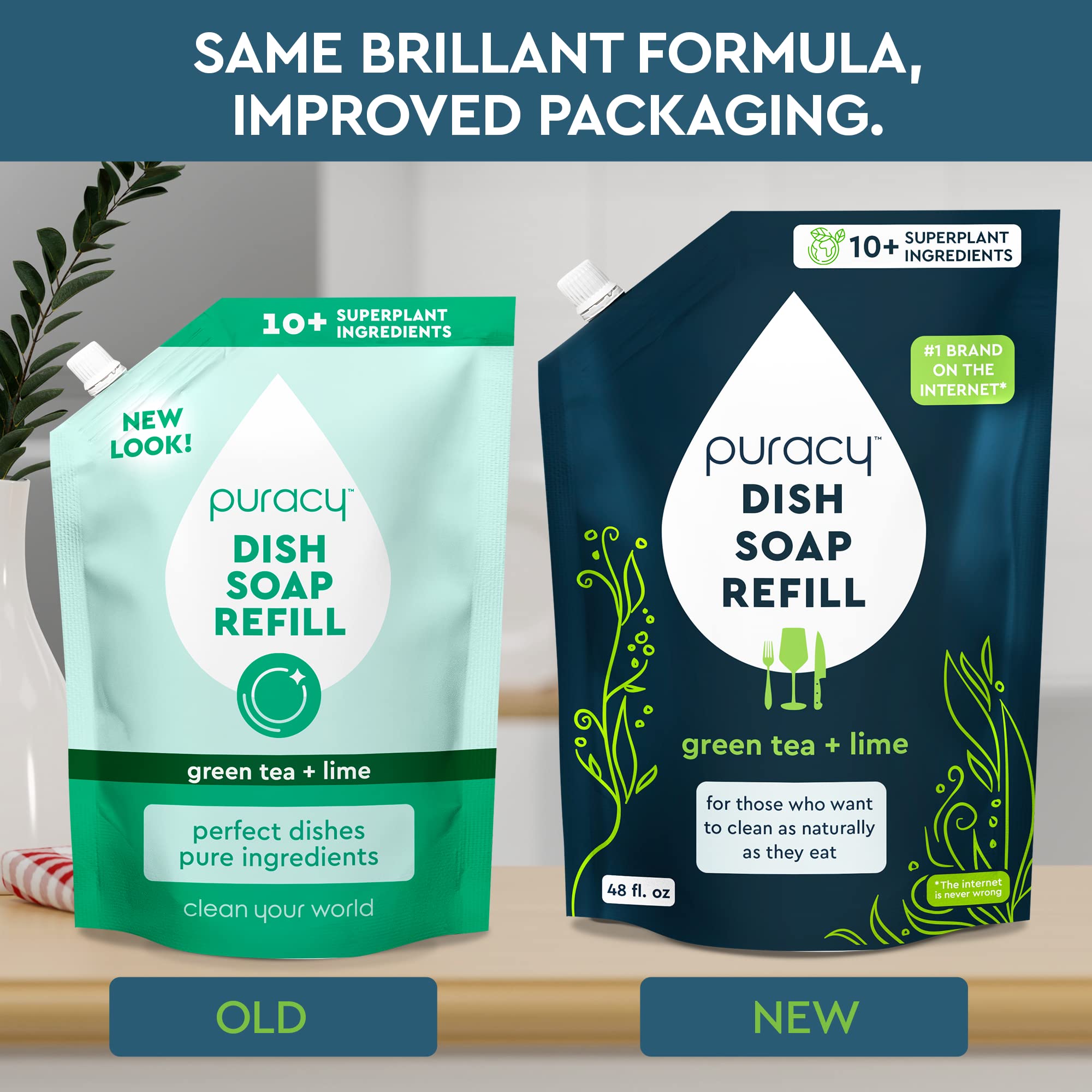 Puracy Natural Dish Soap Refill - Skin-Softening Plant-Based Liquid Dishwashing Detergent Soap, Clean-Rinsing Water-Sheeting Formula (Green Tea & Lime, 48 fl oz)